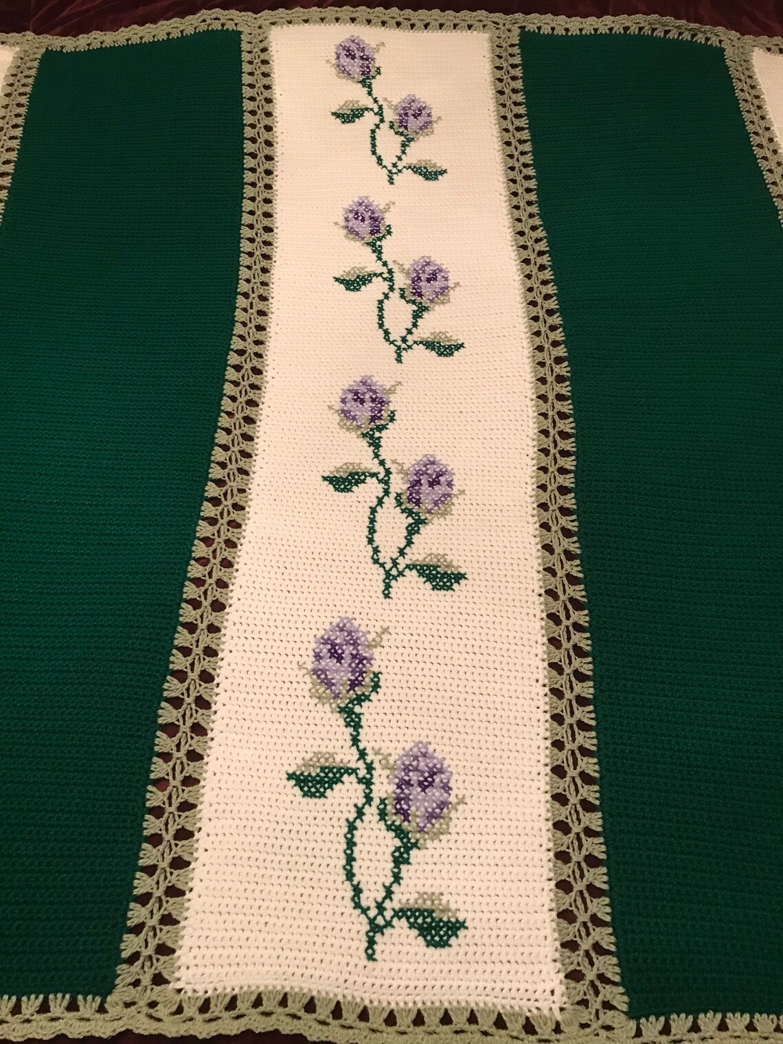 Lavender Roses Crochet Throw Blanket With Green Trimming - Etsy