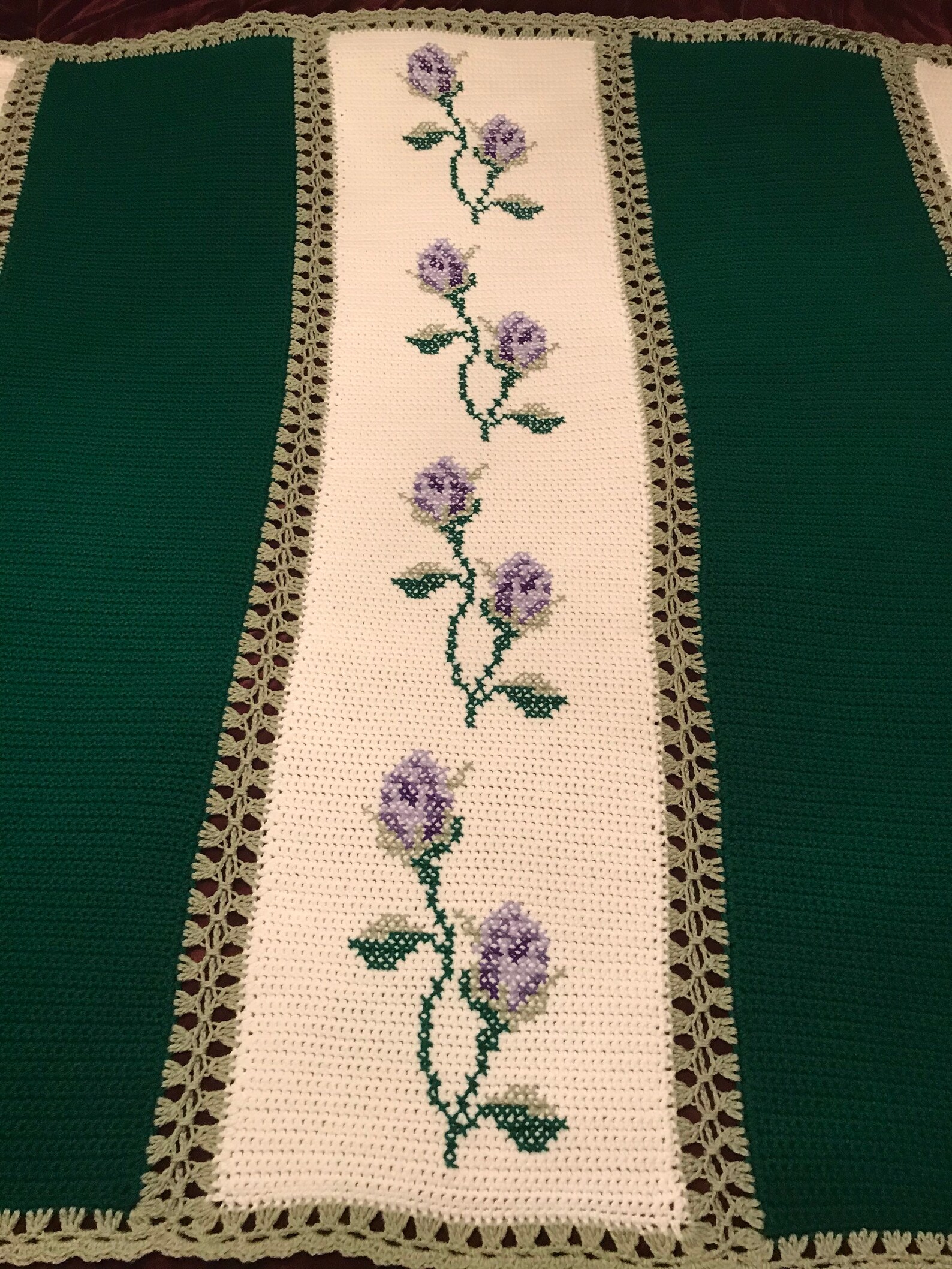 Lavender Roses Crochet Throw Blanket With Green Trimming - Etsy
