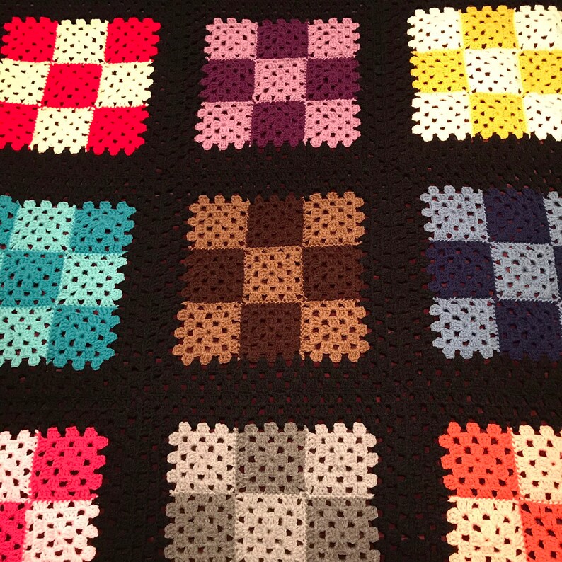 Granny Square Checker With Black Trimming Afghan Crochet Throw - Etsy