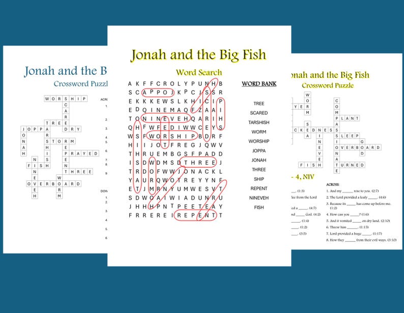 Jonah and the Whale Bible Activity Pack – 2 Printable Crosswords & Word ...