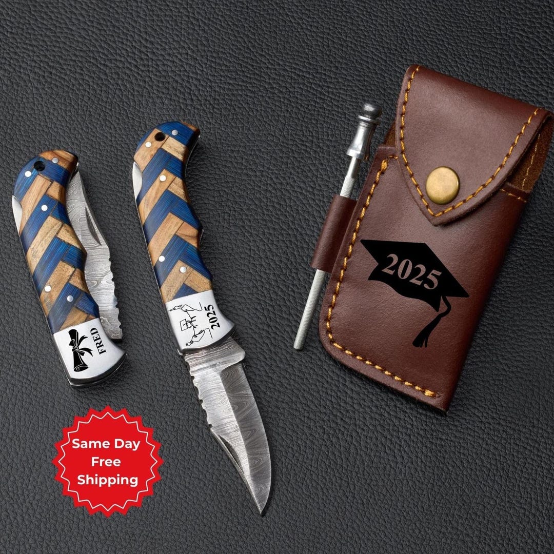 Custom Class of 2025 Gift, Damascus Folding Pocket Knife, High School Graduation Gift for Him ...