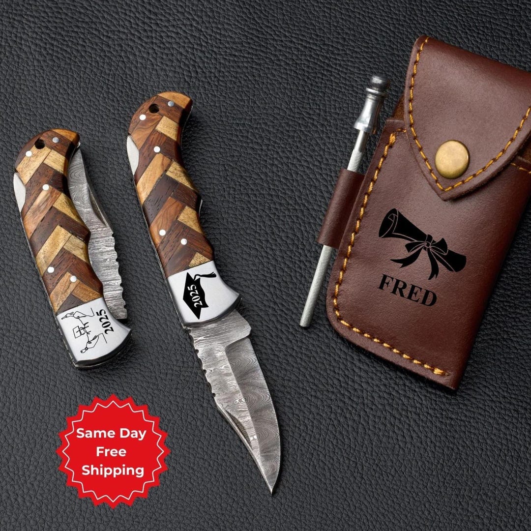 Personalized Graduation 2025 Gift, Handmade Damascus Folding Pocket Knife, Class of 2025 Gifts ...