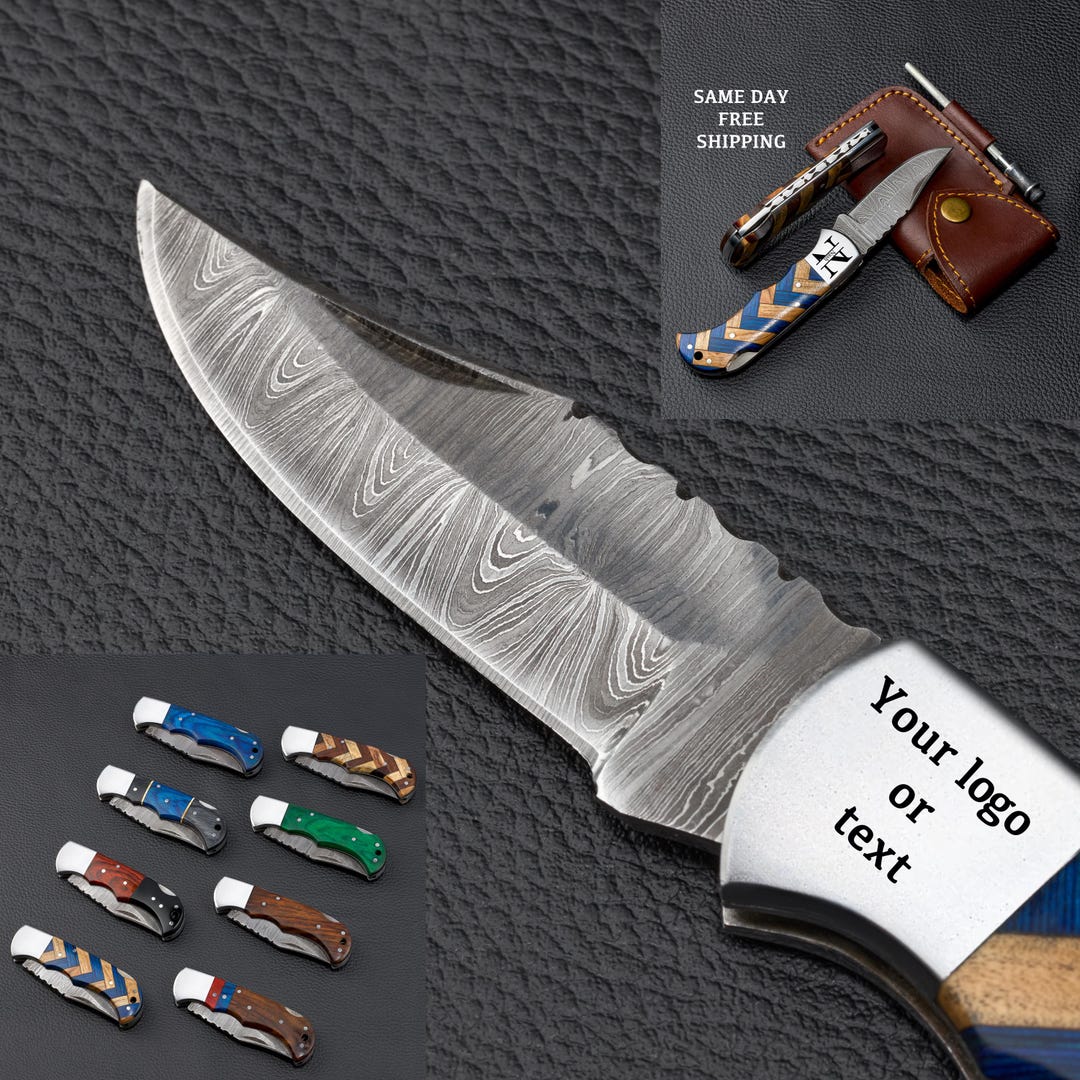 Your School Logo Here Gift, Damascus Pocket Knife, Graduation Gift for Him, Class of 2025 ...