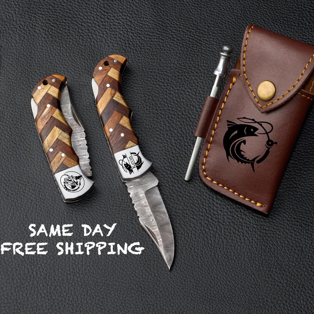 Handmade Damascus Knife, Fishing Pocket Knife, Wood Handle, Dads ...