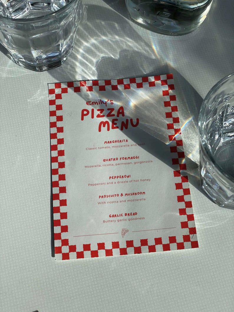 Pizza Party Menu, Pizza Party Rehearsal Menu, Italian Dinner Party Menu ...