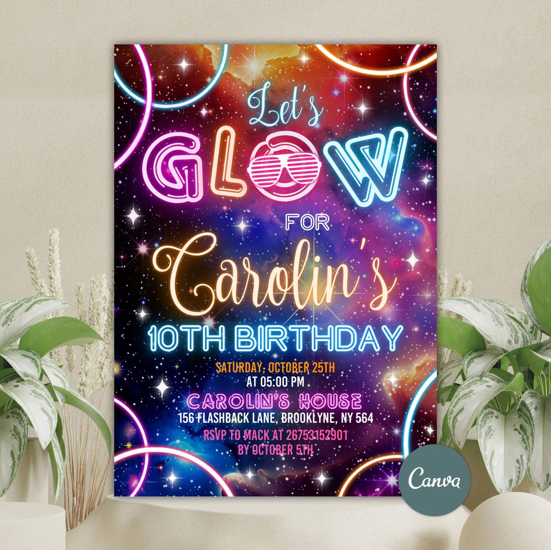 Editable Glow Birthday Invitation, Neon Party Invitation, Neon Lights ...