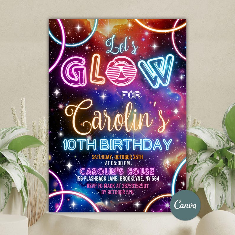 Editable Glow Birthday Invitation, Neon Party Invitation, Neon Lights ...