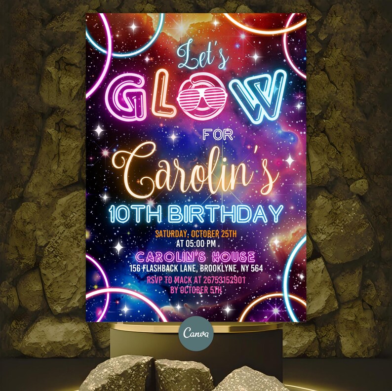 Editable Glow Birthday Invitation, Neon Party Invitation, Neon Lights ...