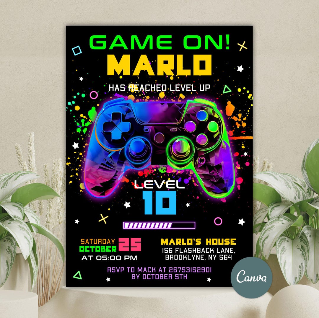 Editable Neon Game on Level up Gaming Birthday Party Invitation, Video ...