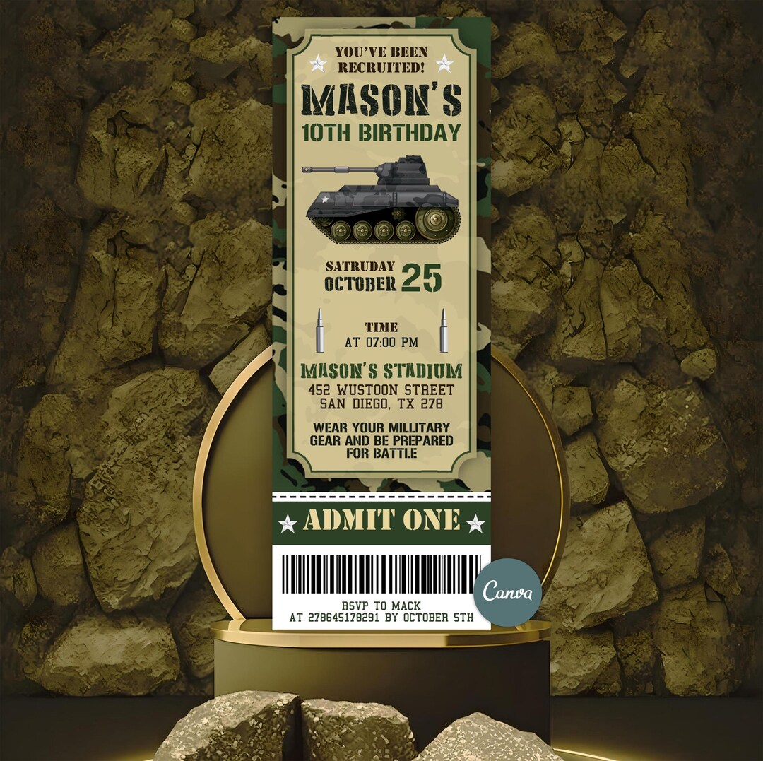 Army Birthday Invitation Ticket, Military Party Invitation, Army Ticket ...
