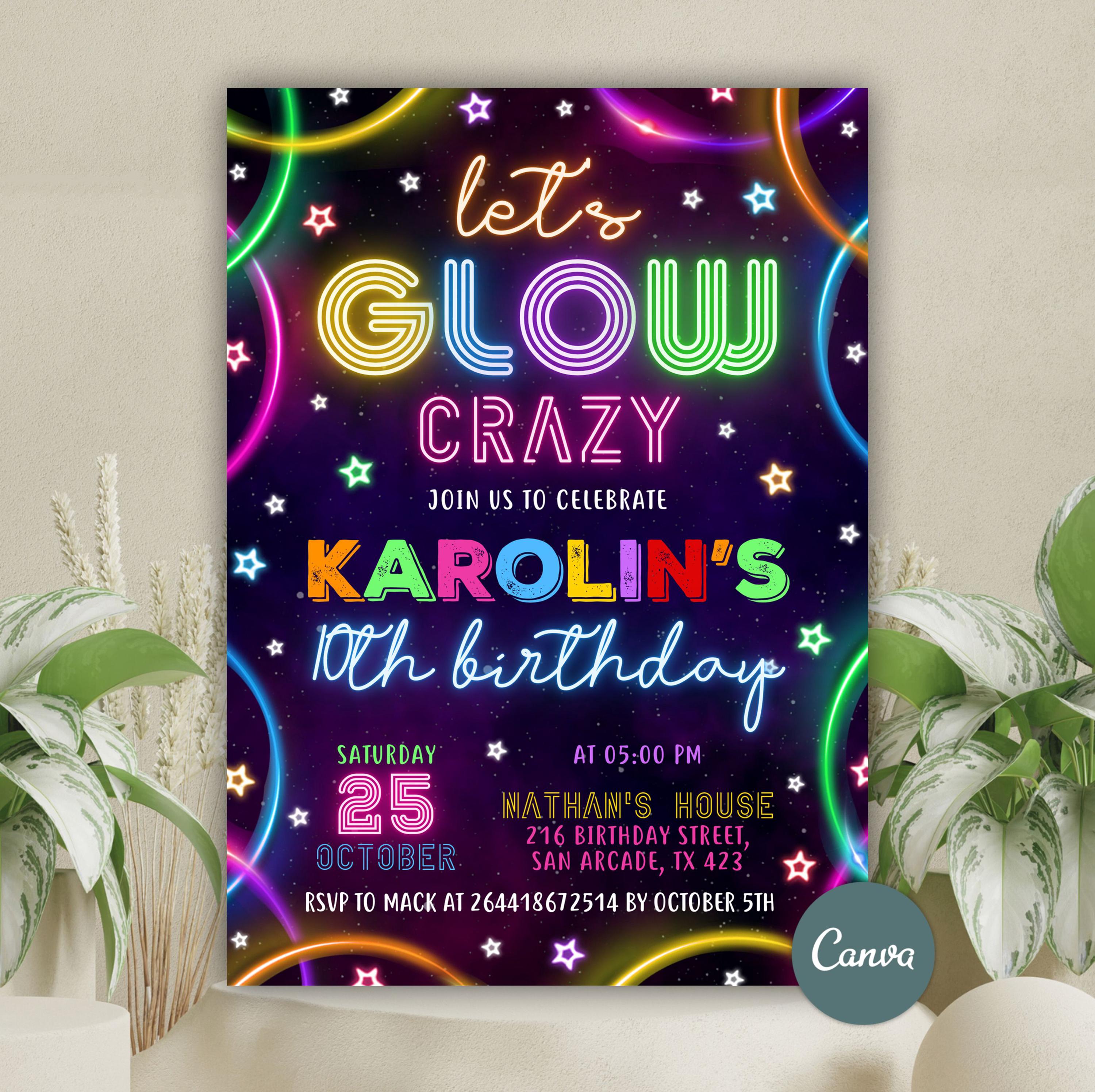 Editable Glow Invitation, Glow Birthday Party Invitation, Glow Crazy ...
