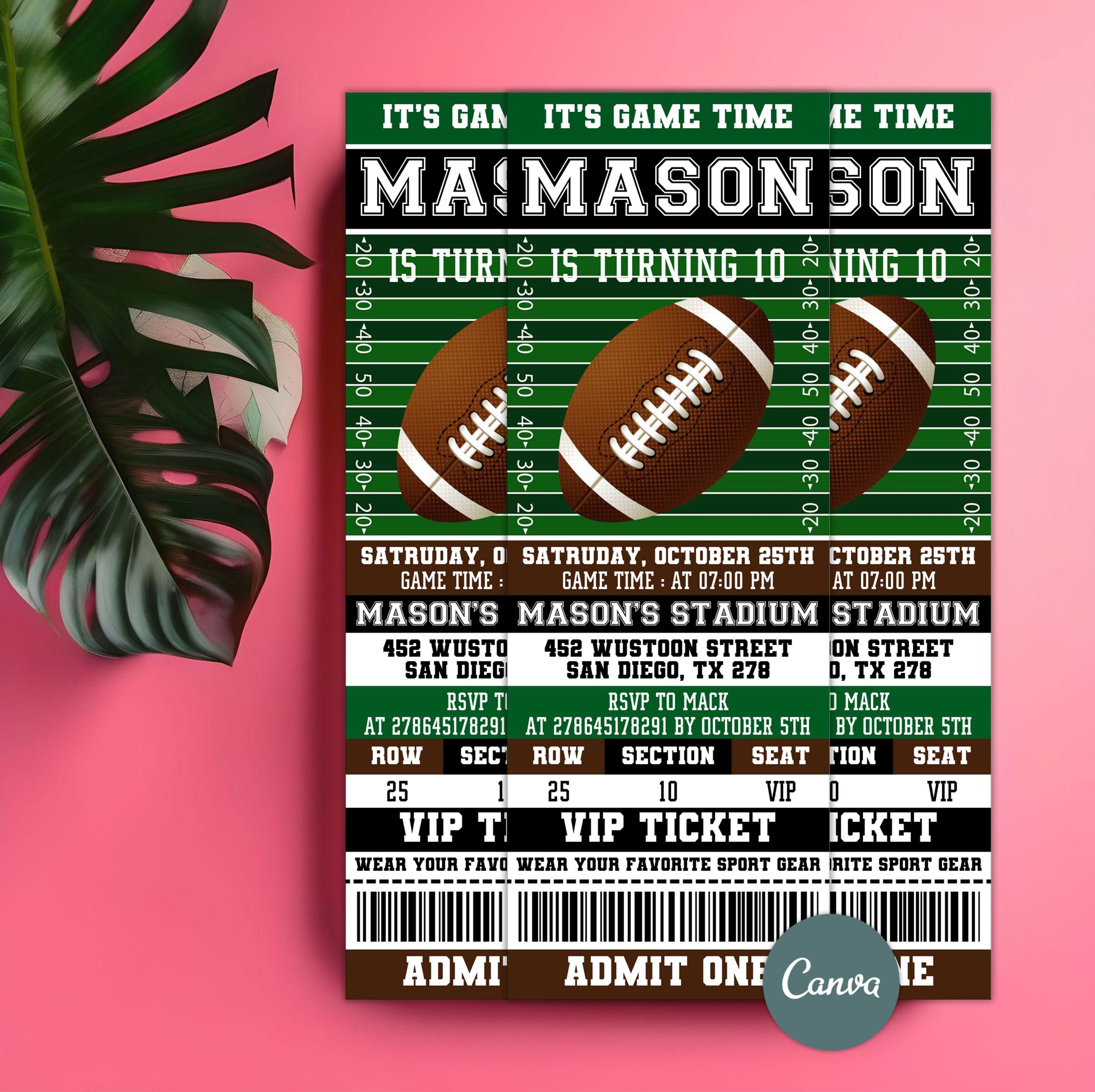 Football Ticket Invitation, Football Birthday Party Invite, Sports ...