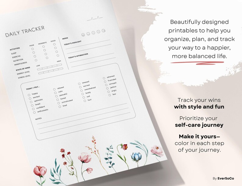 Daily Tracker Printable, Journal, Planner, Floral Design, Mood, Daily ...