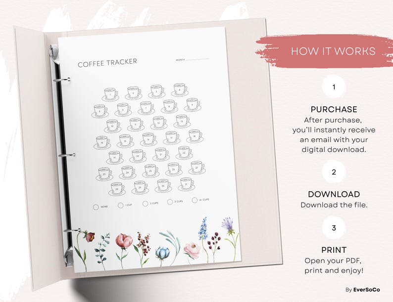 Monthly Coffee Tracker Printable, Journal, Planner, Floral, Coloring ...