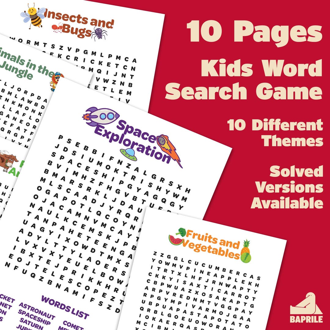 Kids Word Search Puzzle | 10 Pages, 10 Fun Themes | Printable A4 Size ...