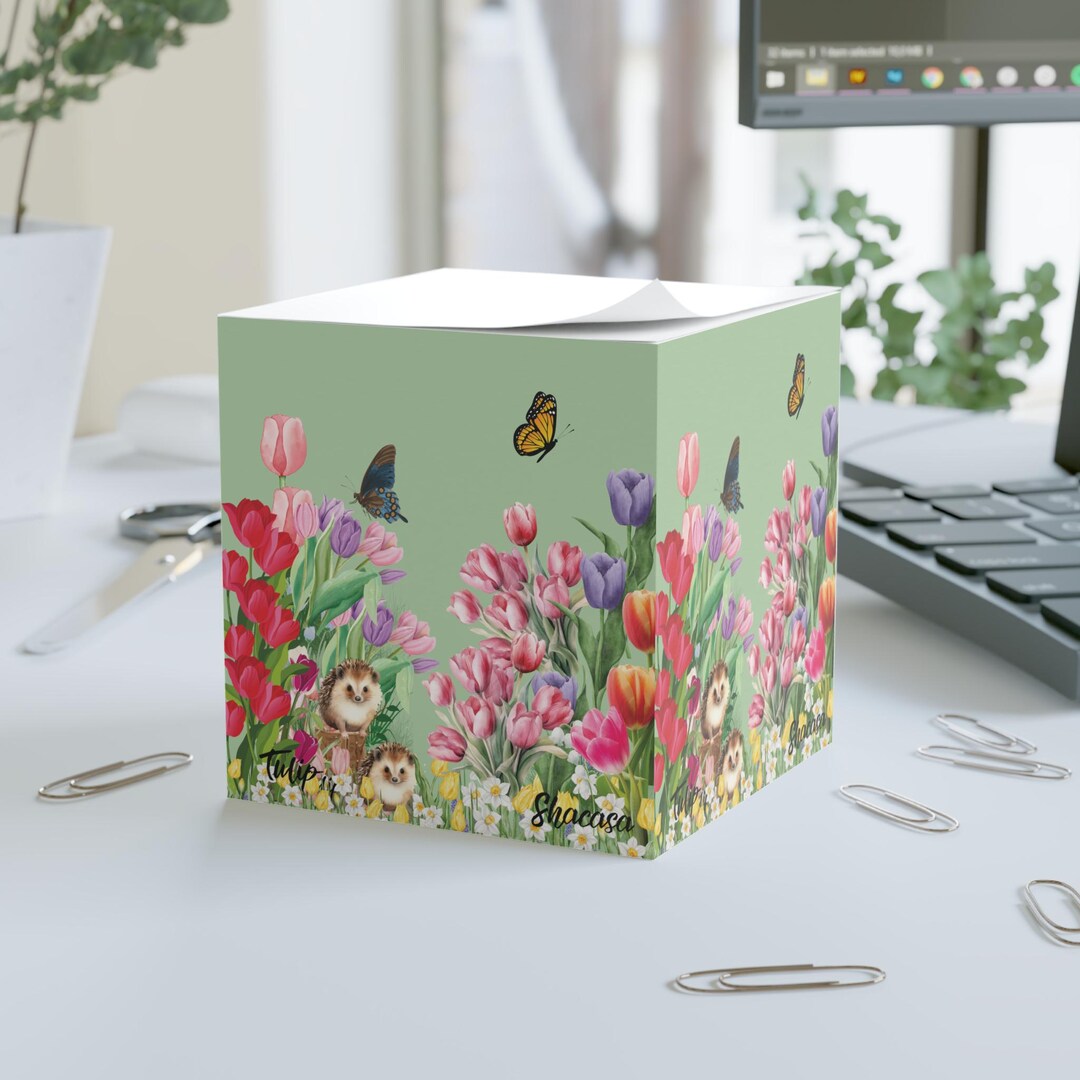 Floral Tulips and Animal Note Cube, Desk Accessories, Paper Cube ...