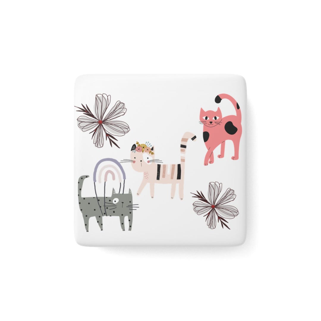 Whimsical Cats Porcelain Magnet | Square Cat Floral Magnet,shacasa - Etsy