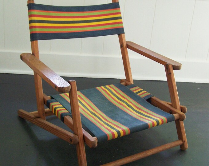 Vintage Folding Chair Wood & Canvas Beach Chair Retro - Etsy