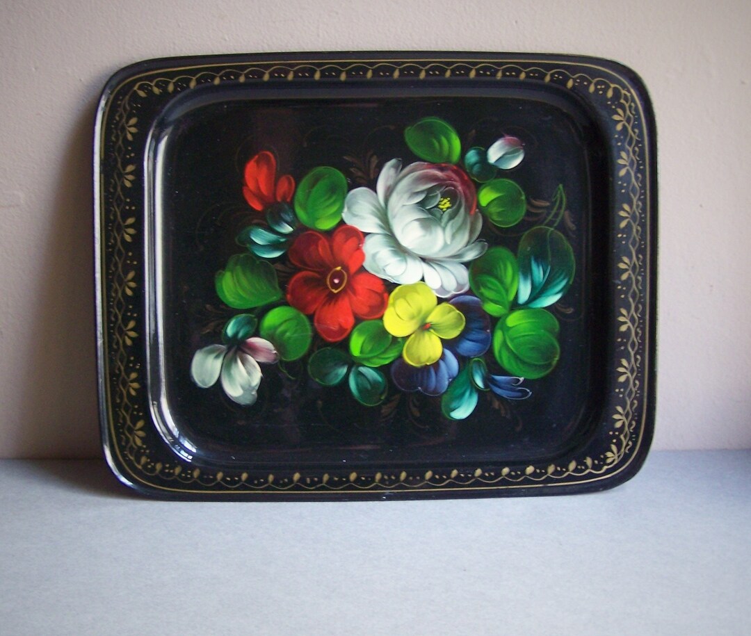 Vintage Hand Painted Metal Tray Colorful Glossy Small - Etsy