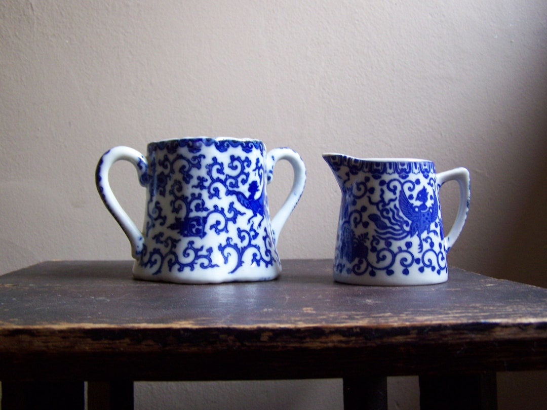 Vintage Blue & White Phoenix Ware Cream and Sugar Containers - Etsy