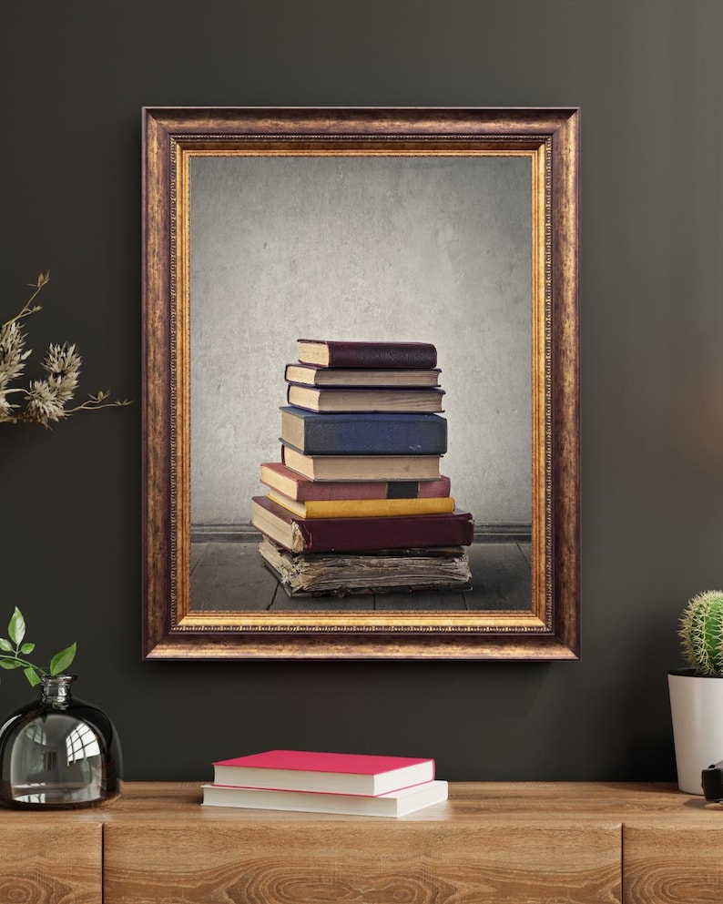 Vintage Book Stack Digital Wall Art Rustic Antique Books for Cozy Home ...