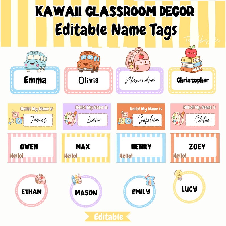 Editable Student Name Tags | Desk Labels | Kawaii Classroom Decor - Etsy