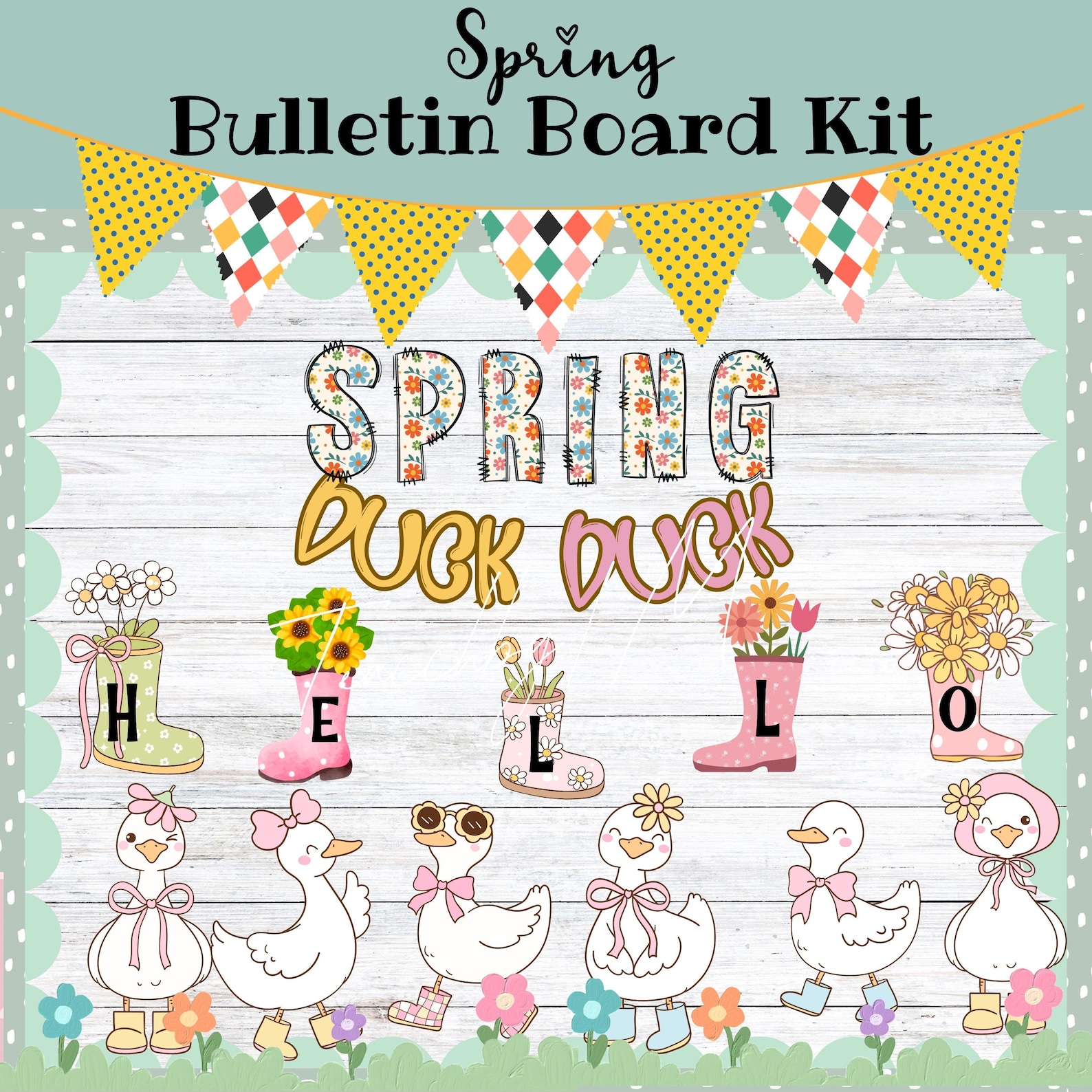Duck Duck Spring Bulletin Board Kit L Spring Into Happiness Bulletin ...