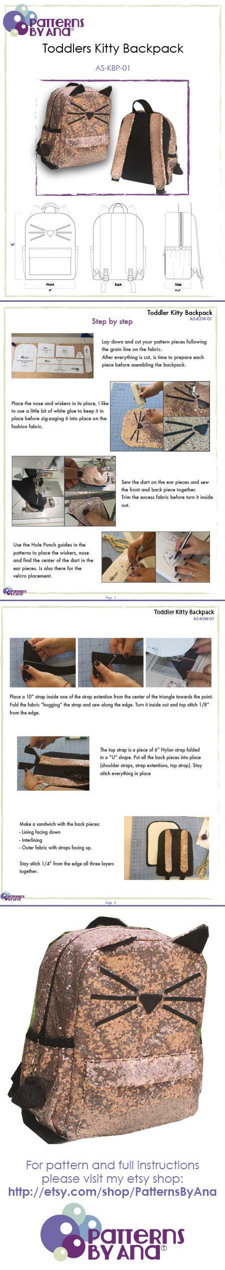 Back to School! Girl Kitty Toddler Backpack PDF Sewing Pattern. DIY - Etsy