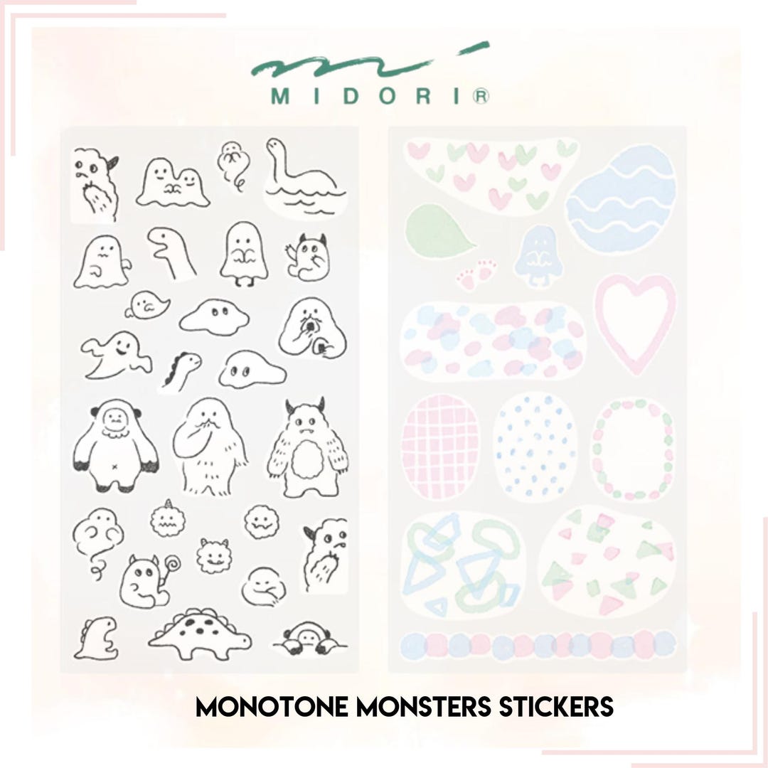 Midori Diary Stickers,2 Sheets DESIGNPHIL Monotone Monsters Pattern Re ...