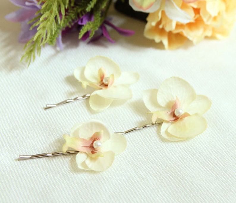 Set Of 5 Ivory Orchid Hair Bobby Pins Orchid Hair Pieces Etsy