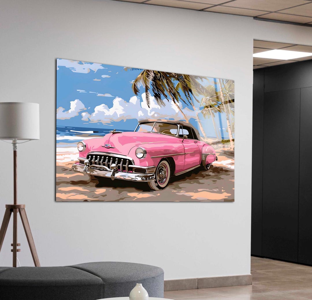 Car Glass Art,palm Tree Ocean Beach Sea View Wall Art,pink Car Wall Art ...