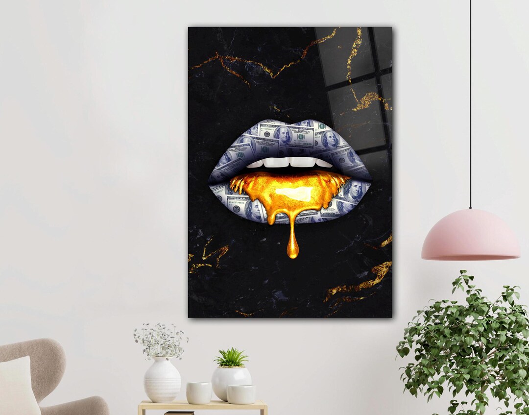 Dollar Bill Lips,money Lips Wall Art,surreal Wall Decor,black and Gold ...