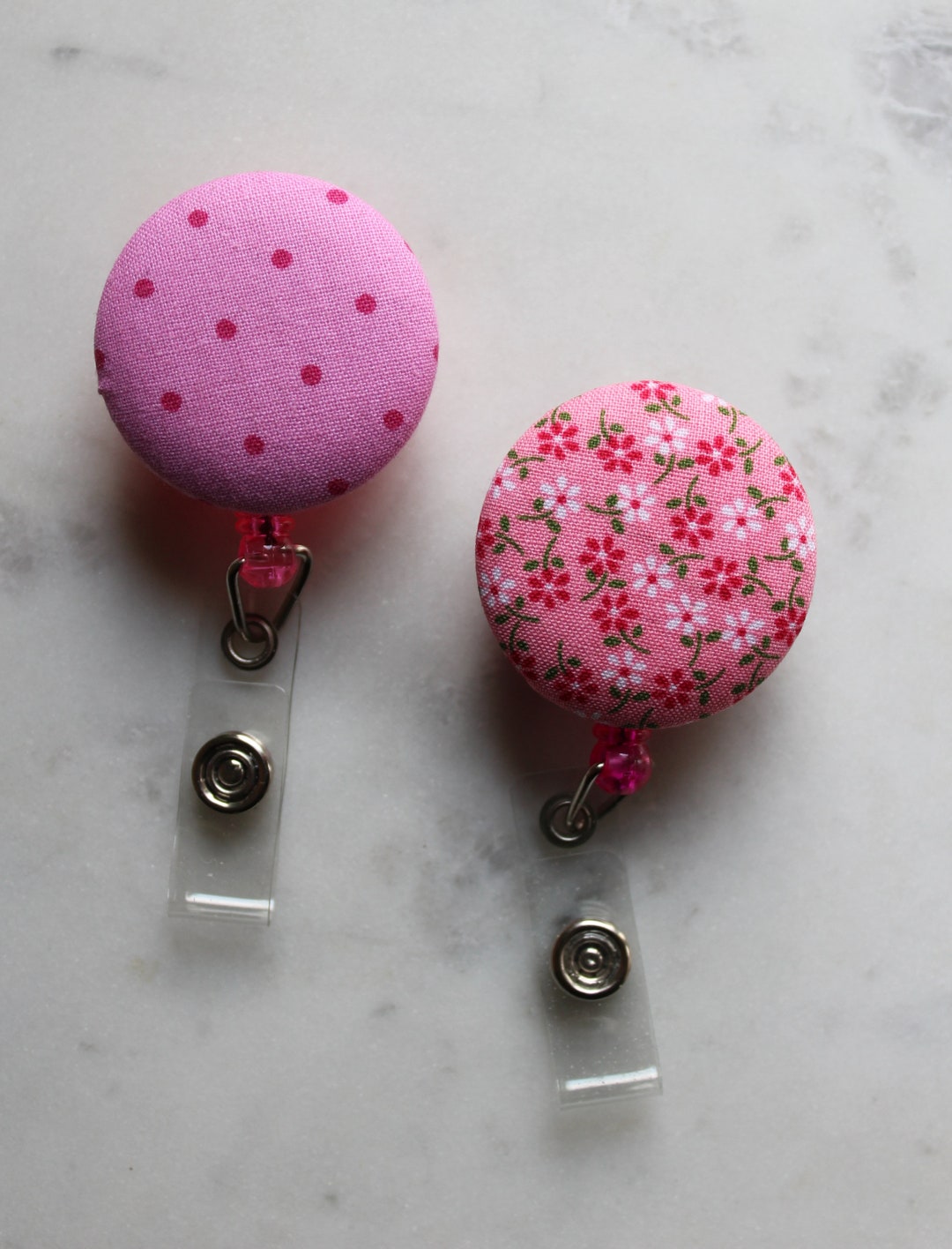 Pink Retractable ID Badge, Pink Floral Holder Reel, Pink Polka Dots ...