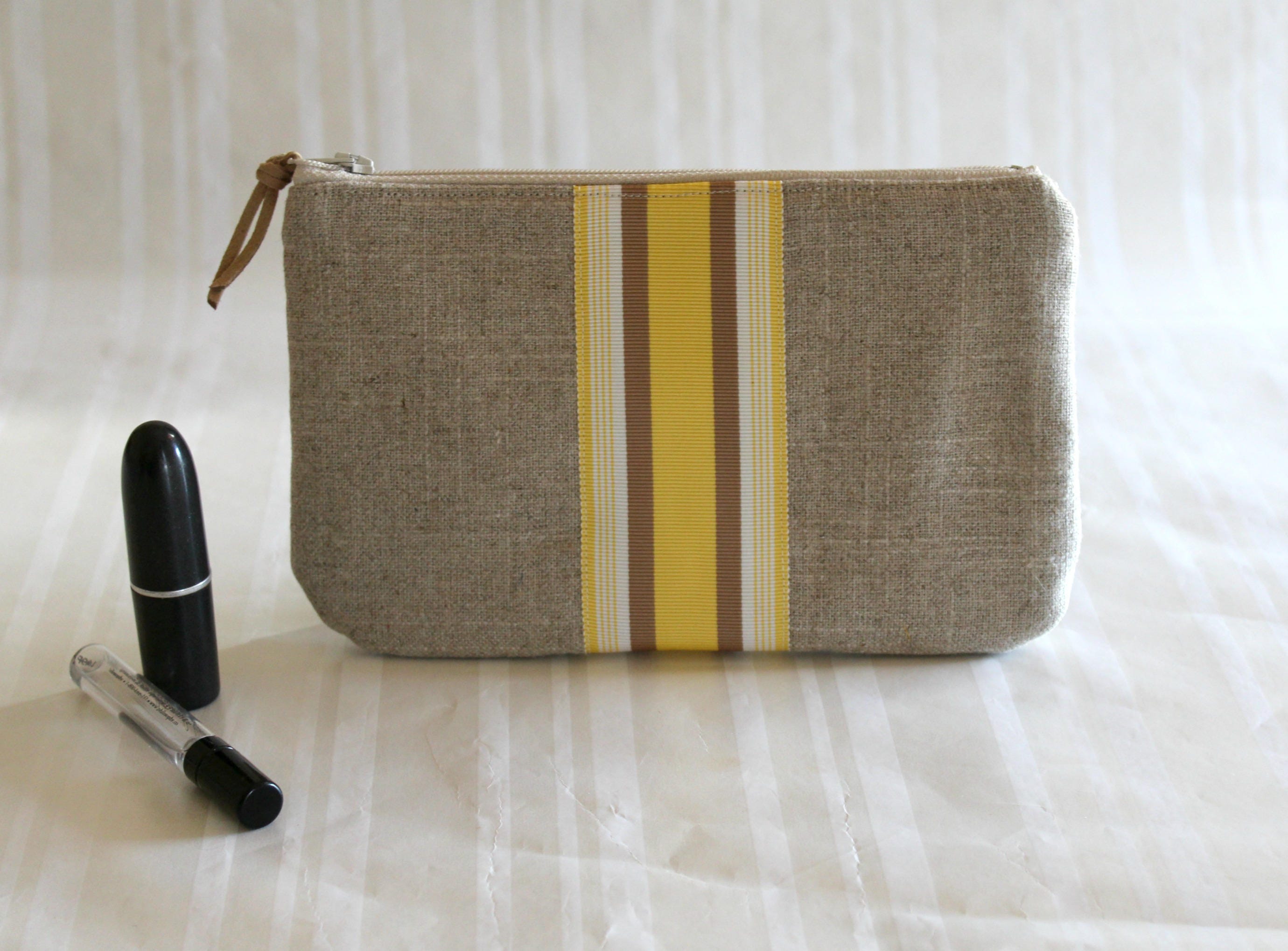 Zipper Pouch, Yellow Zipper Pouch, Linen Pouch, Summer Pouch, Zipper ...