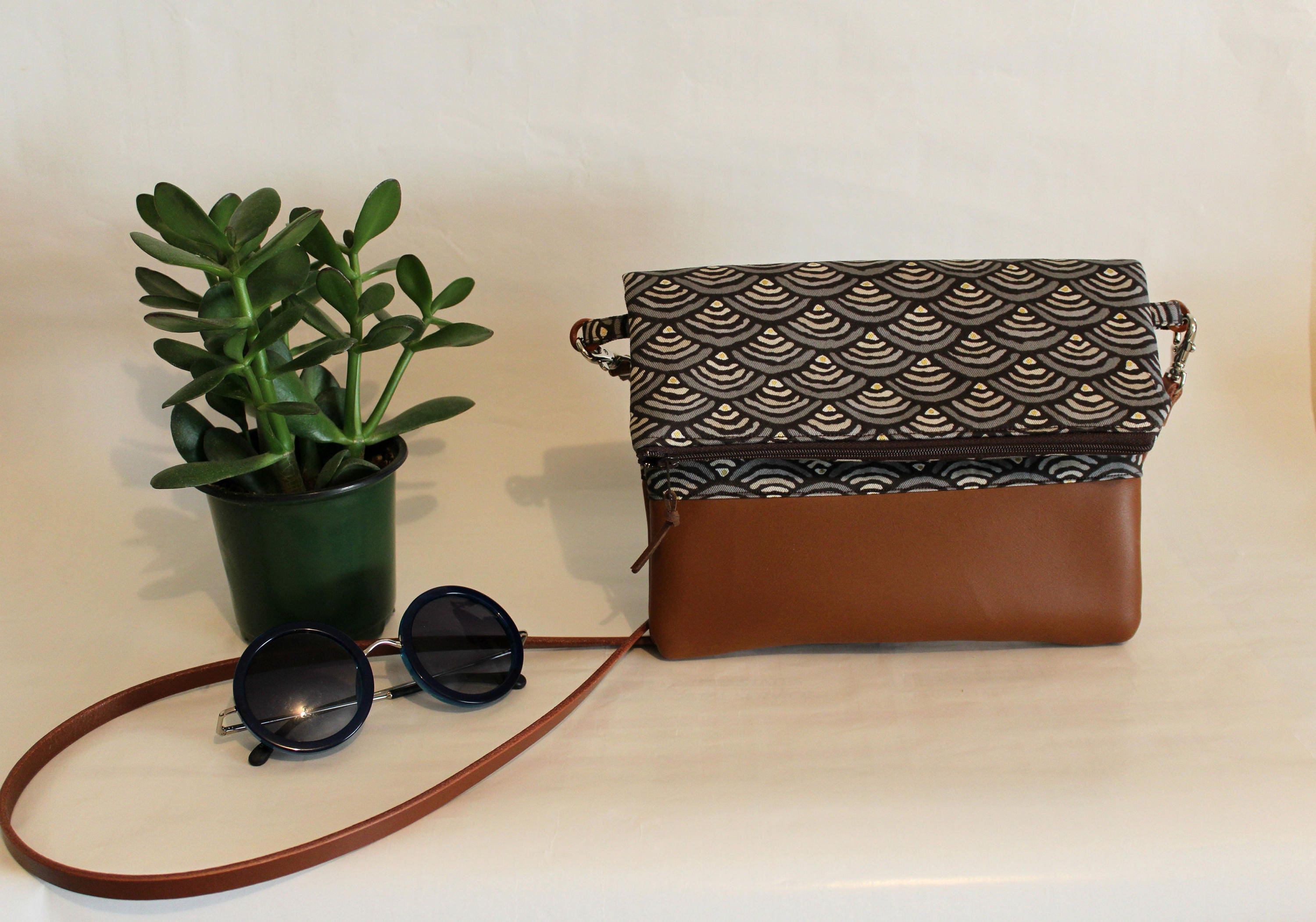 Foldover Crossbody Bag, Simple Crossbody Bag, Gray and Brown Crossbody ...