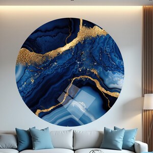 Blue Agate Glass Wall Art: Round Tempered Glass With Gold Veins - Etsy