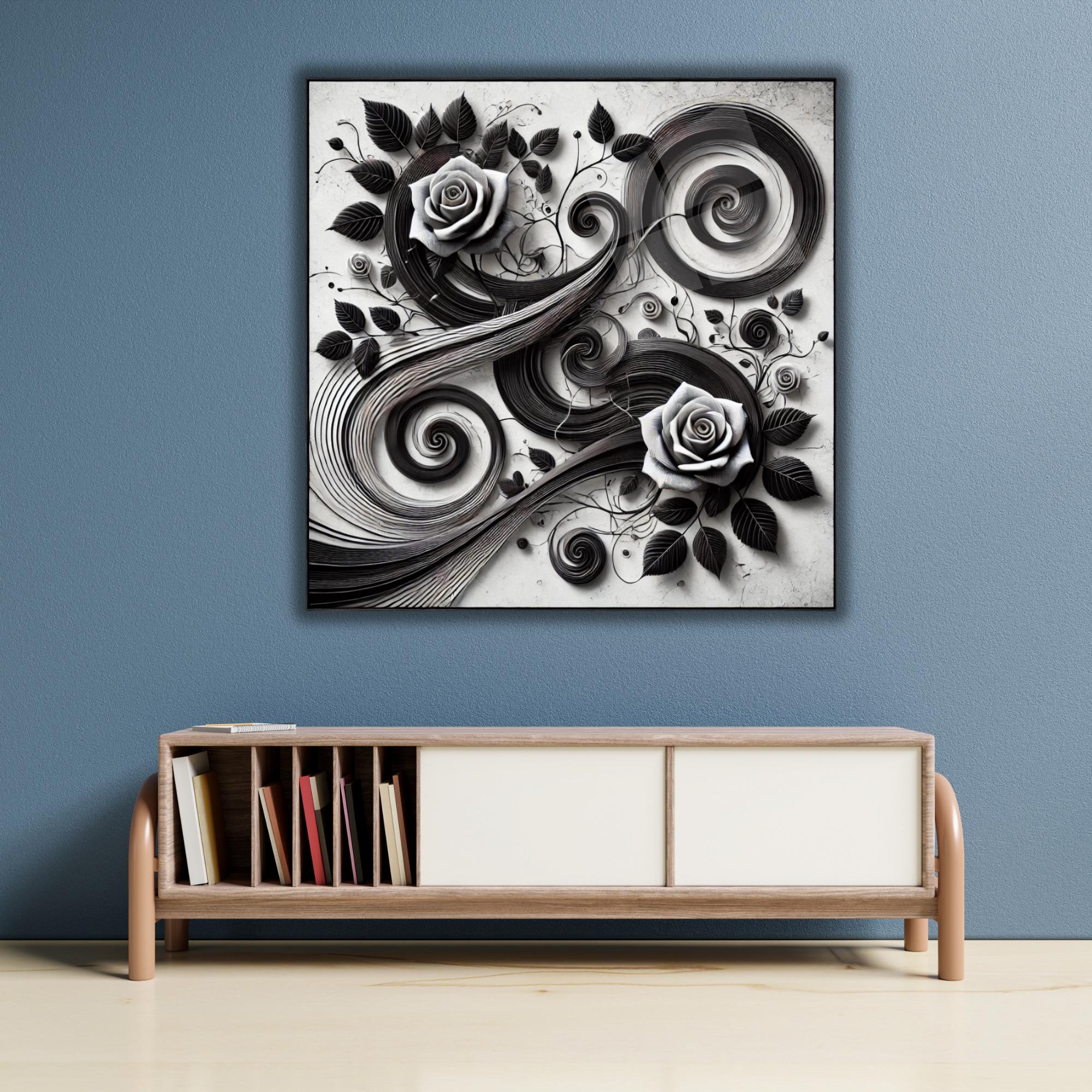 Abstract Black Rose Spiral Wall Art, Modern Tempered Glass Home Decor ...