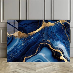 Blue Agate Glass Wall Art: Round Tempered Glass With Gold Veins - Etsy