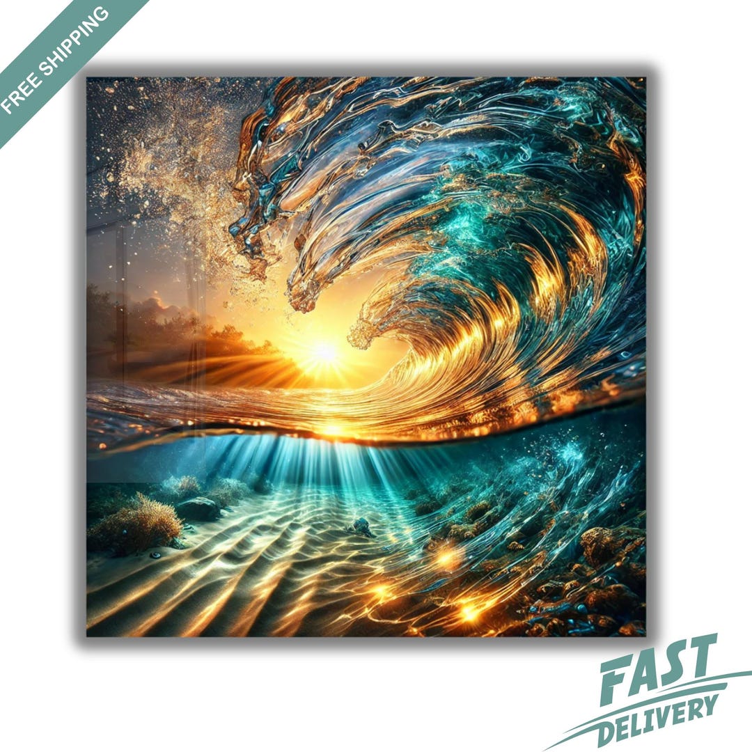 Sea Glass Art, Ocean Waves Glass Wall Art, Sunset Decor, Large Tempered ...