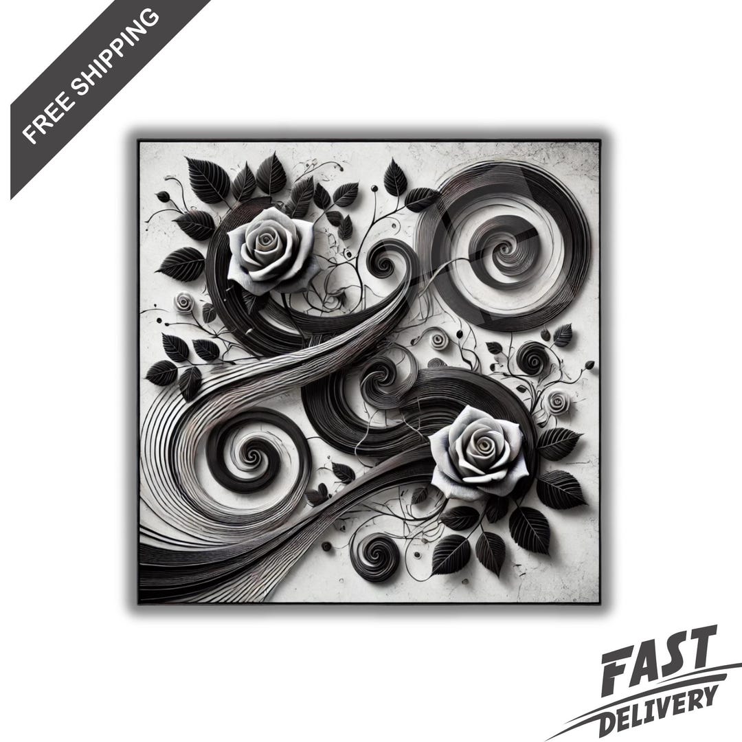 Abstract Black Rose Spiral Wall Art, Modern Tempered Glass Home Decor ...