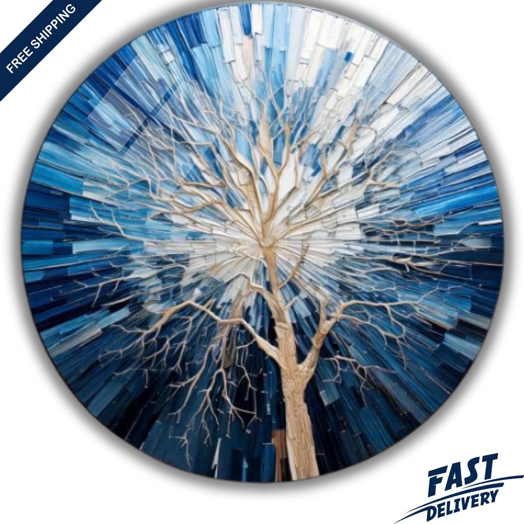 Blue and White Abstract Round Glass Wall Art - Modern Decorative Panel ...