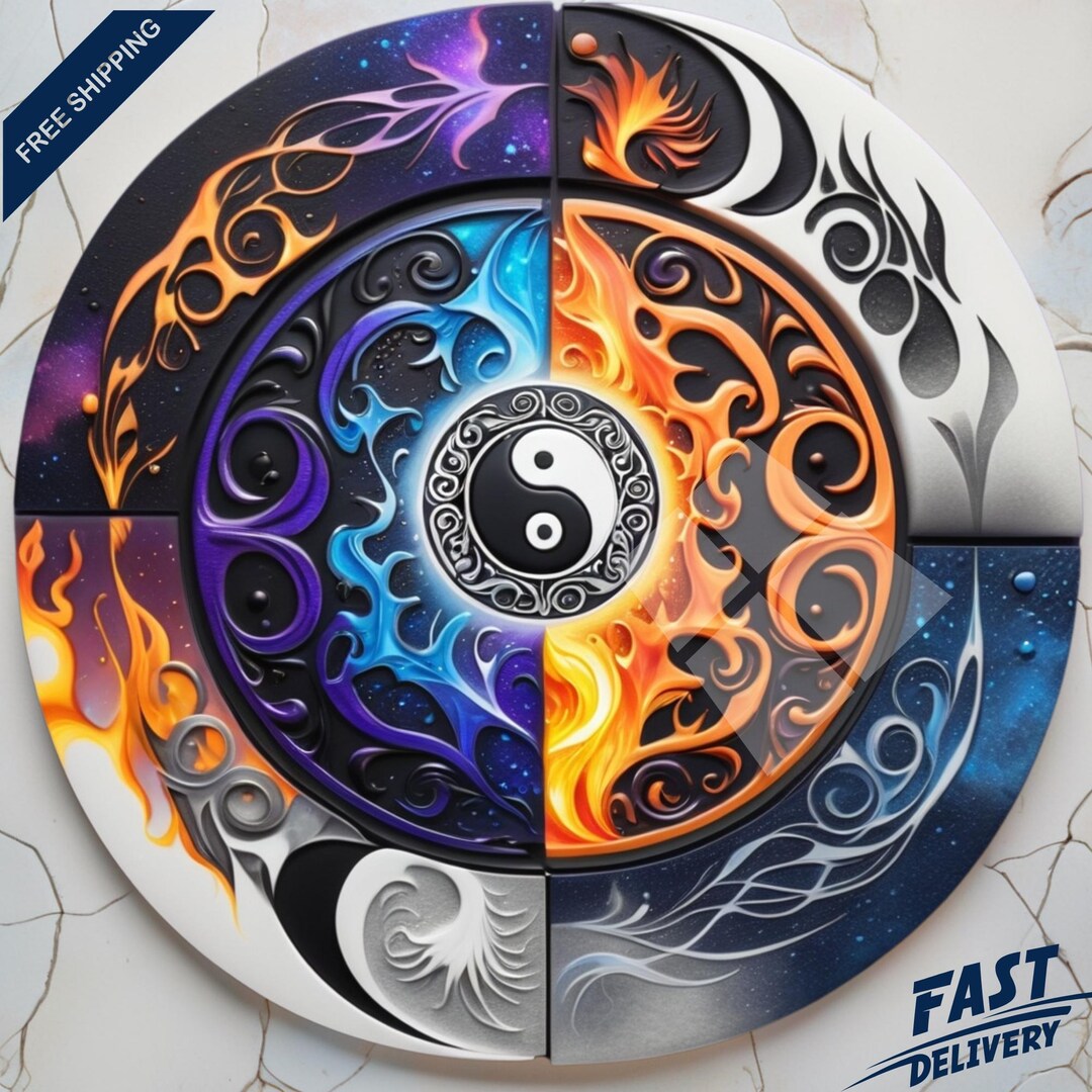 Yin Yang Elemental Wall Art - Fire, Water, Air, Earth Mandala ...