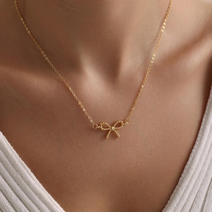 Gold Plated Tiny Bow Necklace, Bow Tie Necklace, Ribbon Bow Necklace ...