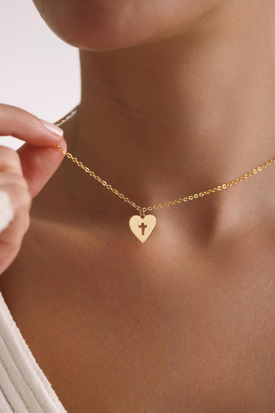 Gold Tiny Heart Cross Necklace, Gold Cross Necklace, Chrsitian Faith ...