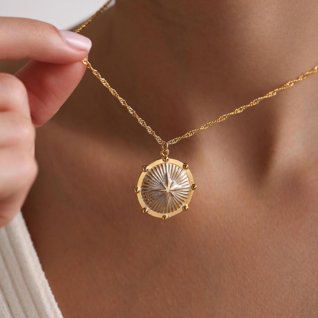 Enamel North Star Medallion Necklace, North Star Coin Necklace, North ...
