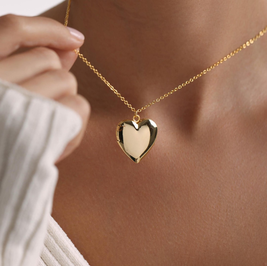 Gold Plated Large Heart Locket Necklace, Big Heart Locket Necklace ...