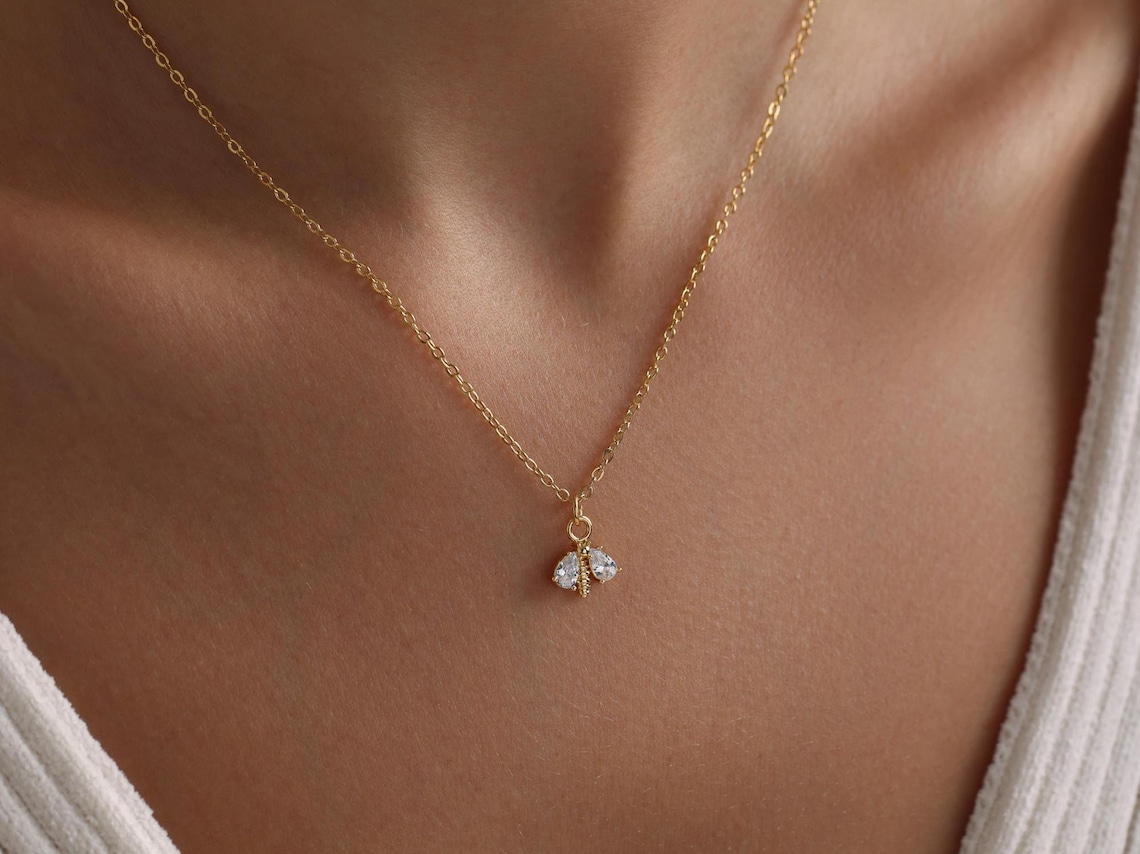 Gold Plated Dainty Bee Pave Pendant Necklace, Honey Bee Necklace ...