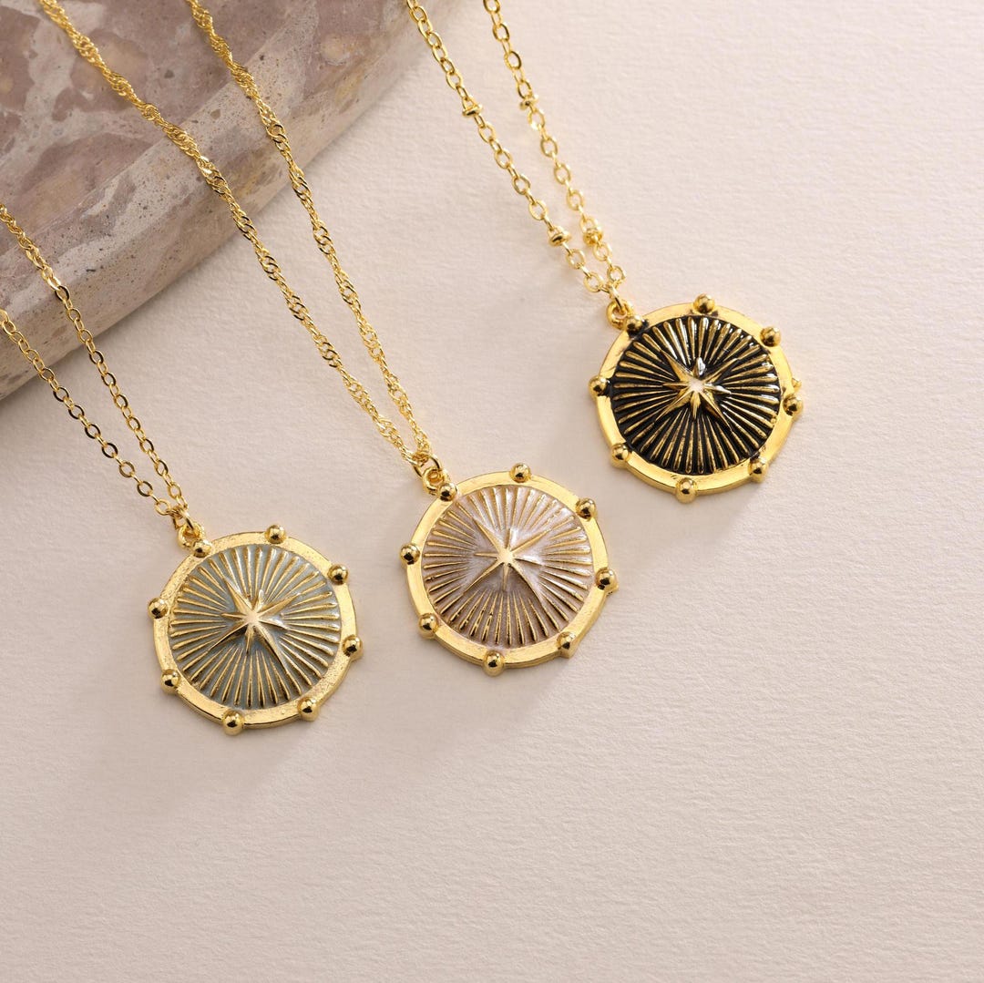 Enamel North Star Medallion Necklace, North Star Coin Necklace, North ...
