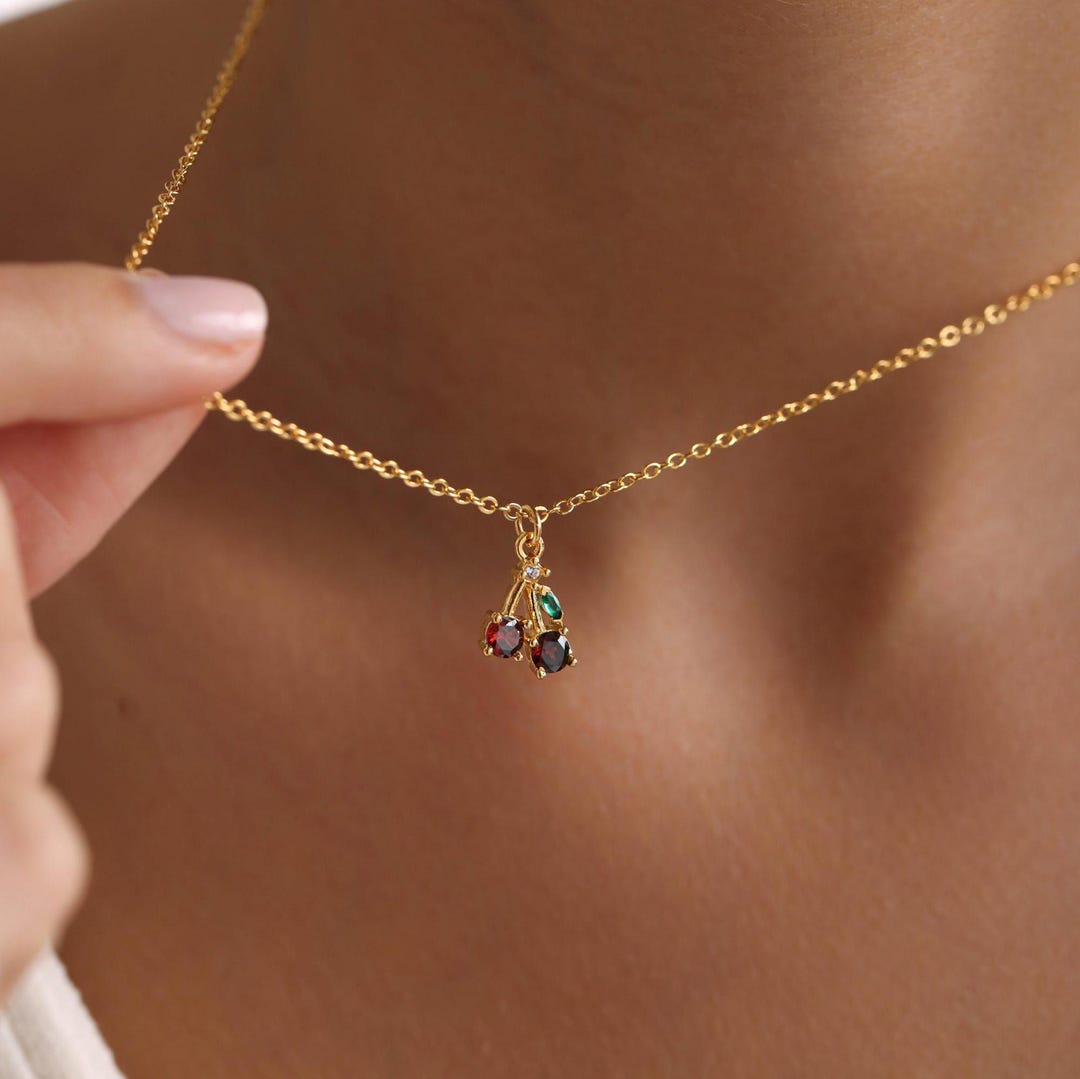 Gold Plated Tiny Cherry Pave Necklace, Cute Cherry Necklace, Fruit ...