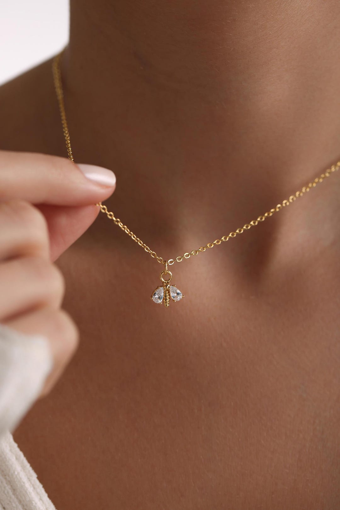 Gold Plated Dainty Bee Pave Pendant Necklace, Honey Bee Necklace ...